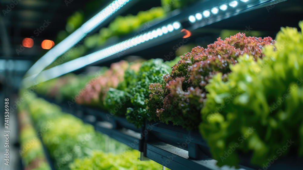 An innovative indoor vertical farm with rows of lush leafy greens ...