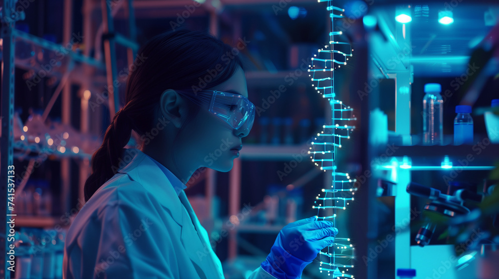 Profile view of a smart female scientist with a ponytail in a modern ...