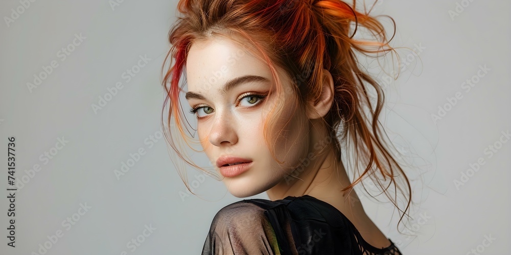 Stylish model presenting two-tone hair paint polish coloring with ...