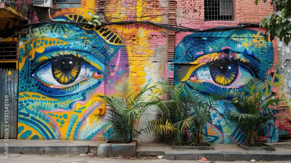 Vibrant Street Art of Eyes Mural on Urban Wall. A colorful street art ...