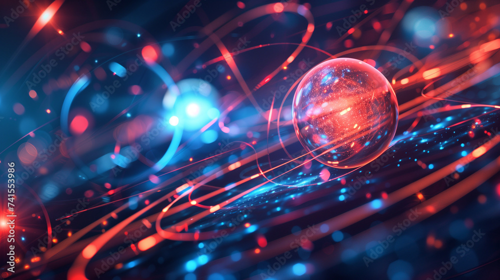 Futuristic particle waves illustrating concepts of data flow or quantum ...