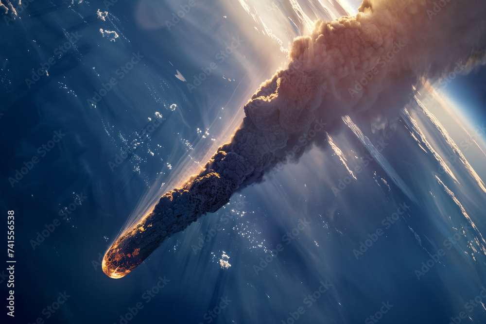 Un météoroïde pénétrant dans l'atmosphère terrestre suivi d'une longue ...