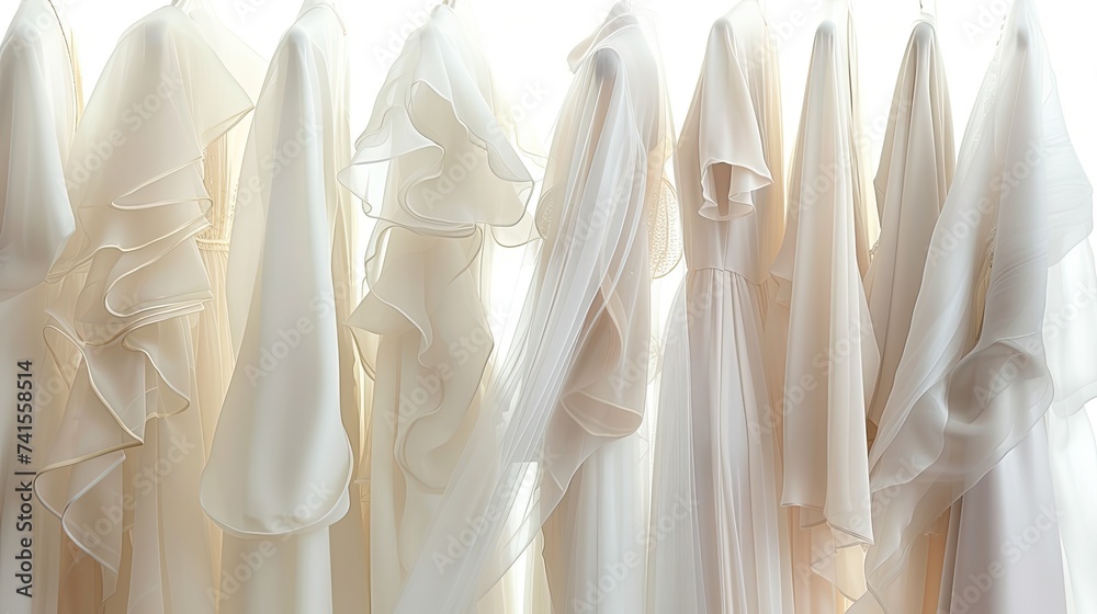 white wedding dress in a row A minimalist white dressing room with ...
