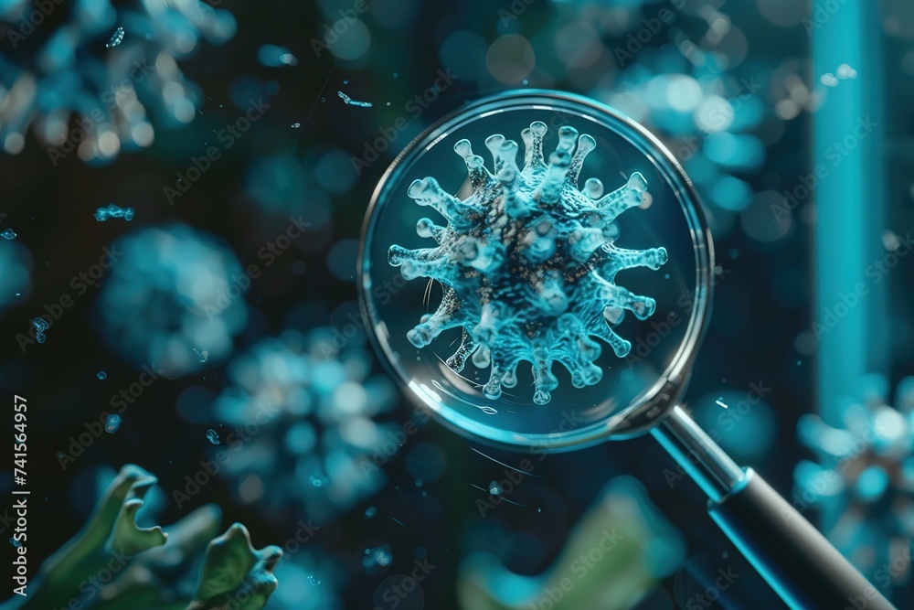 Magnifying glass looking at viruses on a blue 3D background. Concept of ...