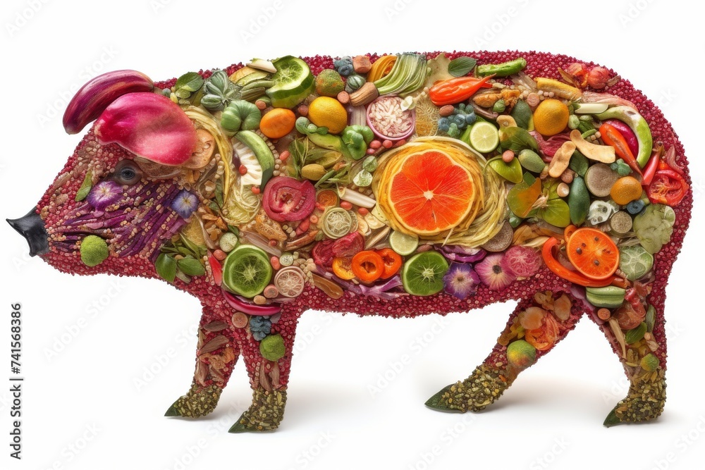 A pig made from vegetables. Vegetables create the outlines and details ...