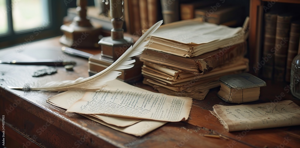 Historical Writing Nook: Vintage Desk Featuring Stacks of Antique ...
