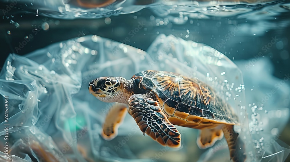 A sea turtle tragically ensnared in a transparent plastic bag ...