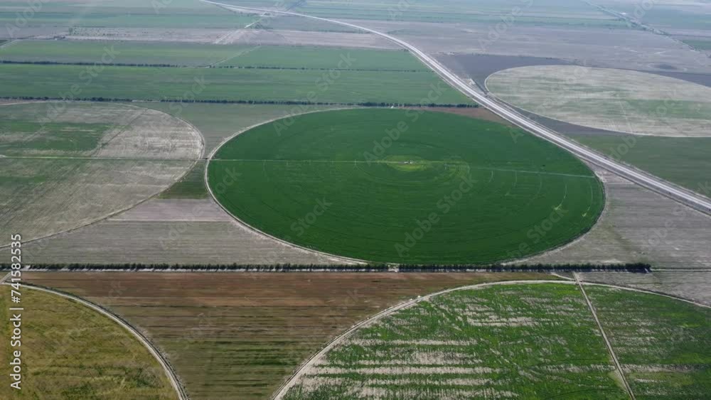 farmland with circular pivot irrigation aerial video. crop irrigation ...