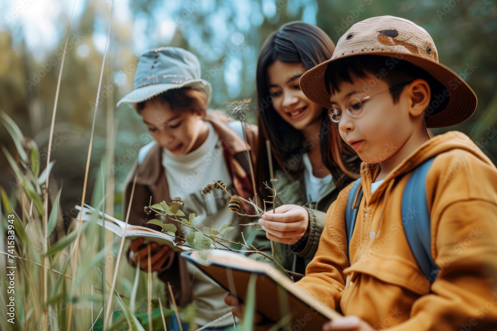 Curious children engaging in outdoor learning on a field trip ...