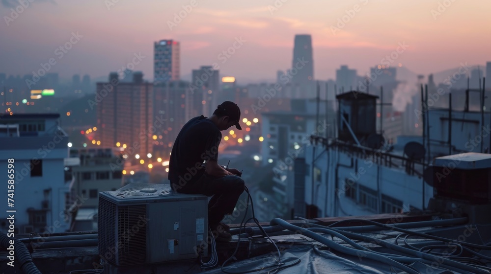 A solitary figure perches atop a towering building, gazing out at the ...
