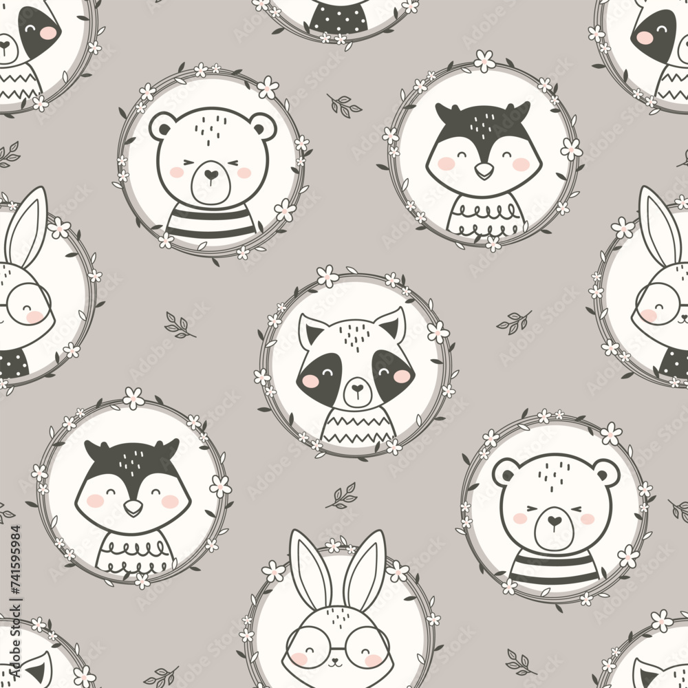 Cute Woodland Animals seamless pattern. Childish Cartoon Animals ...