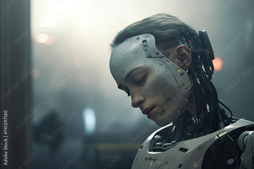 Side view of a female robot looking at camera while standing in the ...