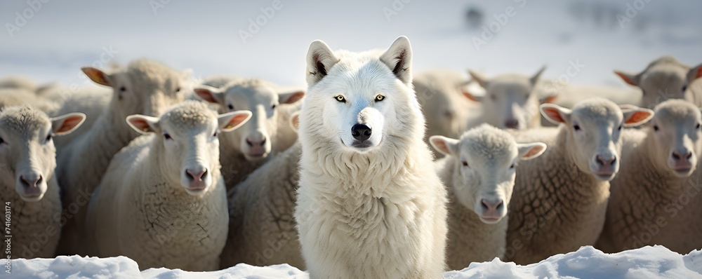 Deceptive wolf appears as sheep among flock wearing woolen attire blend ...