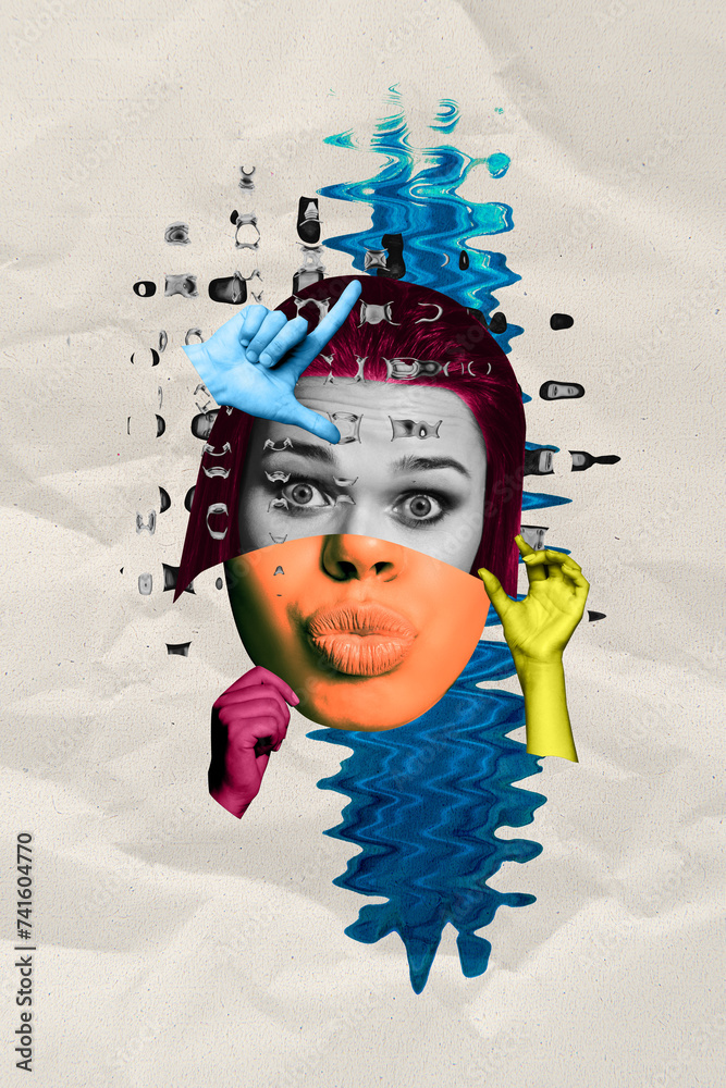 Portrait picture collage contemporary art of young woman joke foolish ...