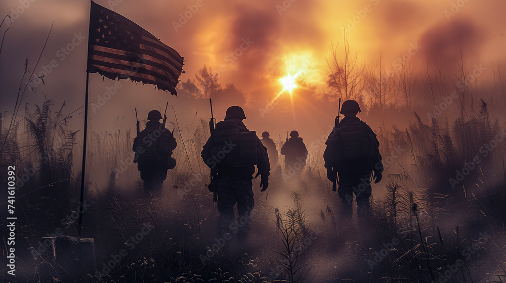 Brigade Of Soldiers Marching Through A Misty Field At Dawn, With The ...