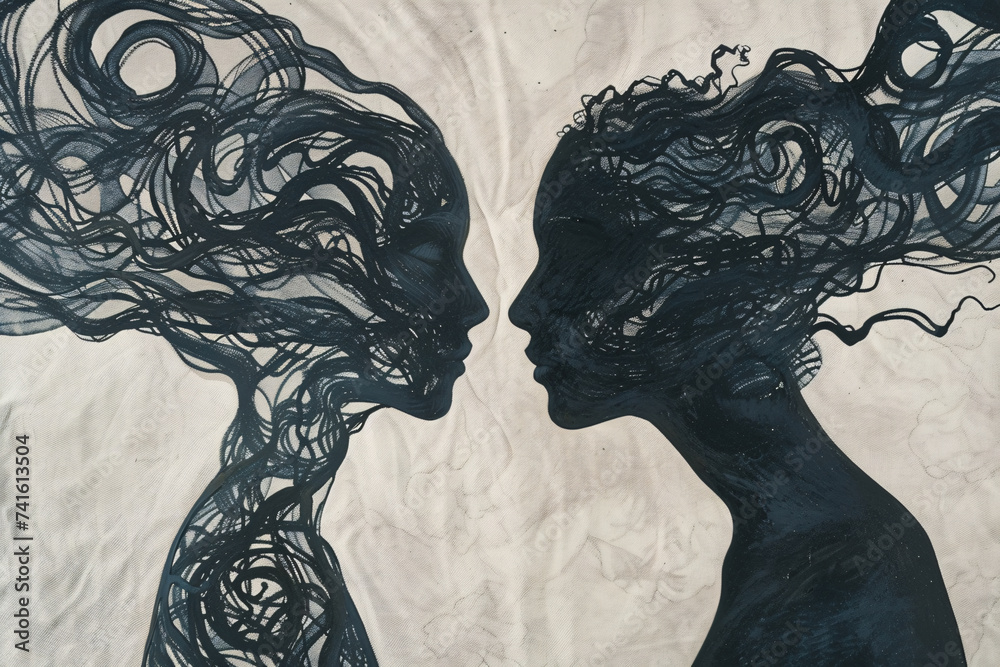 Abstract silhouettes of two people facing each other, connection ...