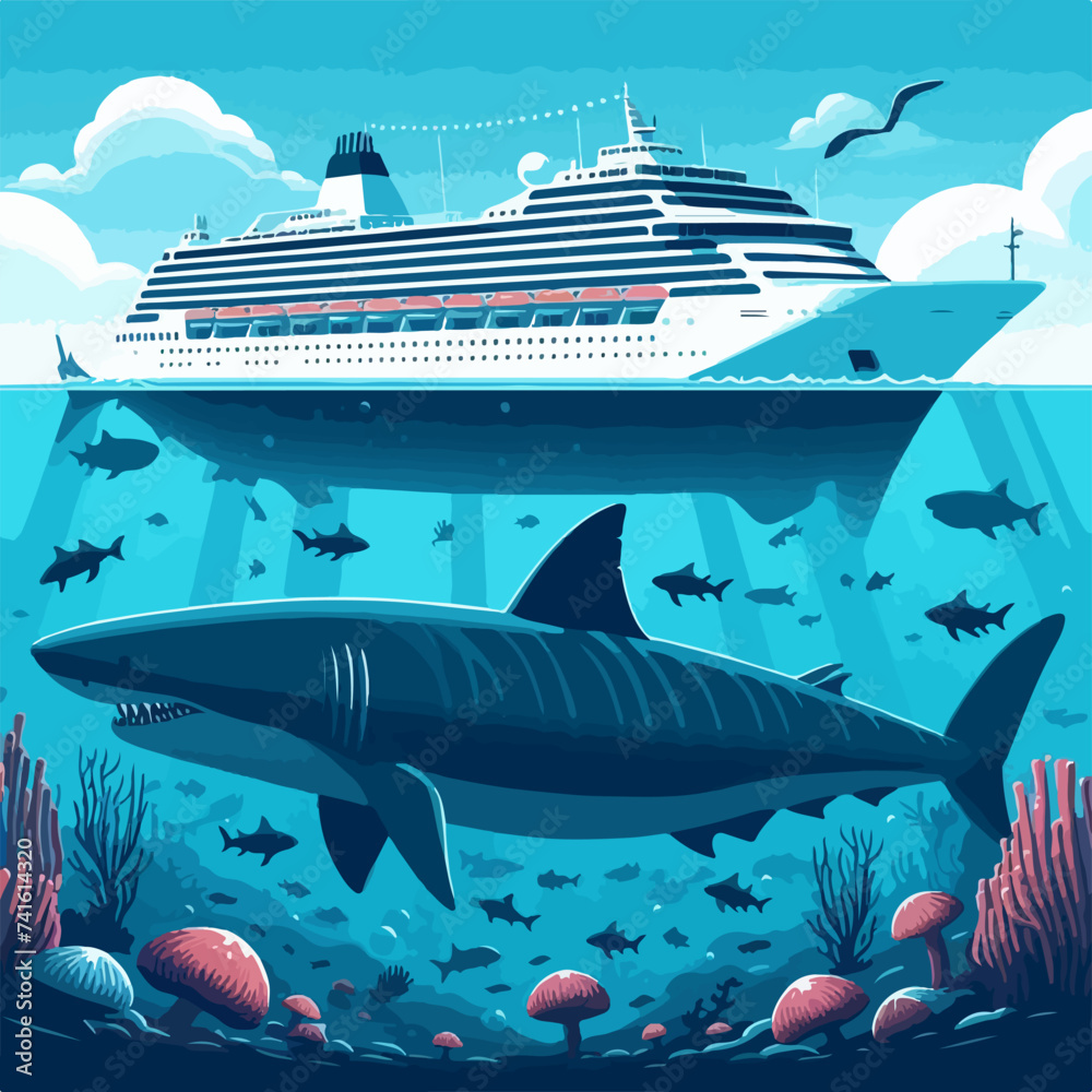 megalodon shark with ship size comparison illustration Stock Vector ...