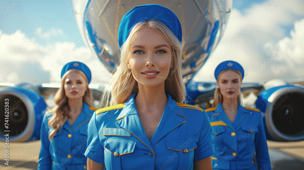 Flight attendants confidently posing in front of an airplane on the ...