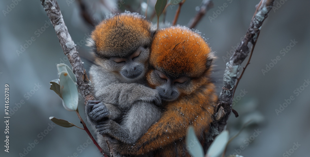 Charming Titi Monkey Pair Cuddling Create a heartwarming scene with a ...