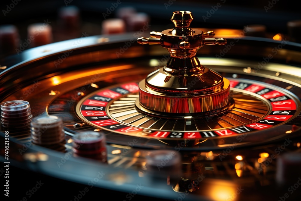 Against the dark canvas, a magnificent roulette wheel commands ...