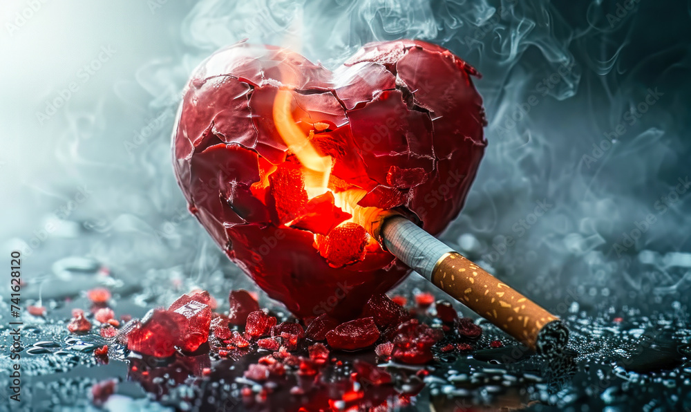 Conceptual image of a red heart damaged by a burning cigarette ...
