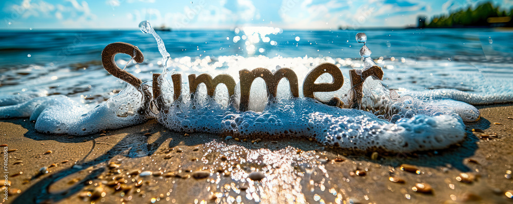 Word Summer handwritten in the sand on a beach with an incoming wave ...