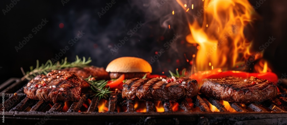 hamburgers cooking hamburgers on grill with flames beef steak on the ...