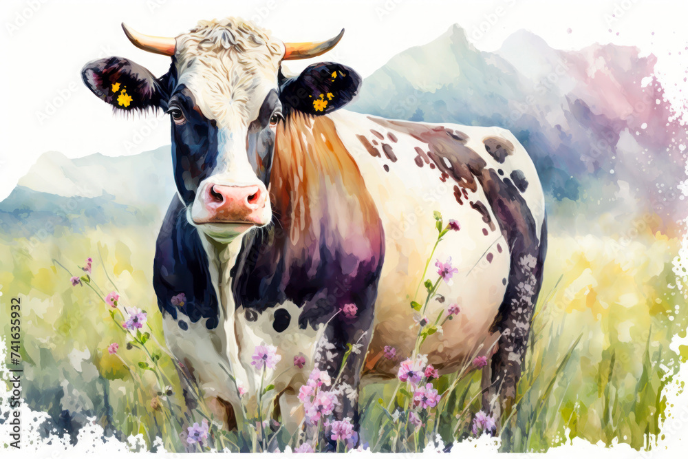 Watercolour painting of a cute cow on the pasture. Cow in a rural ...
