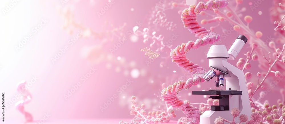 Microscope standing near multicolored model of dna chain in lab ...