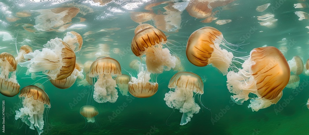 underwater photo from inside a moon jellyfish bloom Mass of male moon ...