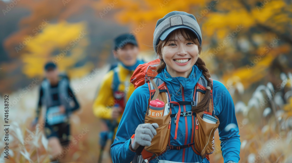 Trail Running Duo Smiling in the Forest. Happy female and friends ...