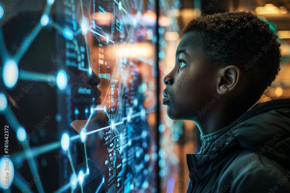 young Black boy attending a blockchain workshop, his face lit up with ...