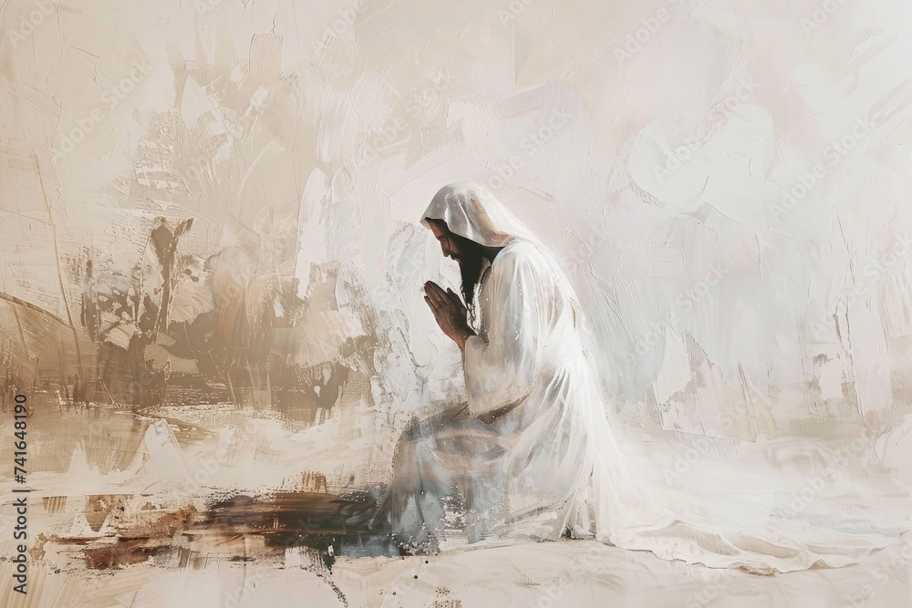 Digital oil painting of Jesus Christ in a shawl praying on his knees ...