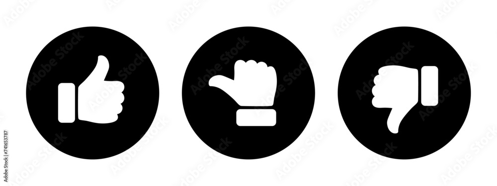 Like, dislike and neutral thumb symbols in white and black circle. Feedback and rating thumbs up ...