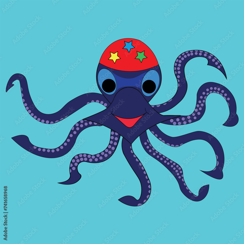 Cheerful cartoon octopus smiling and dancing. The underwater resident ...