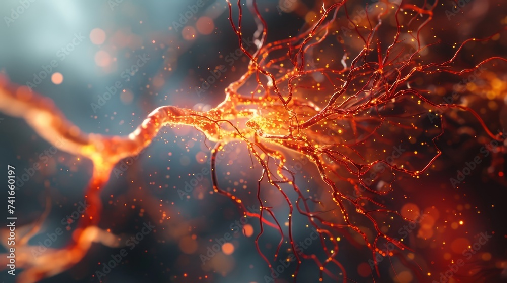 Vivid depiction of neuronal synaptic transmission with a glowing neural ...