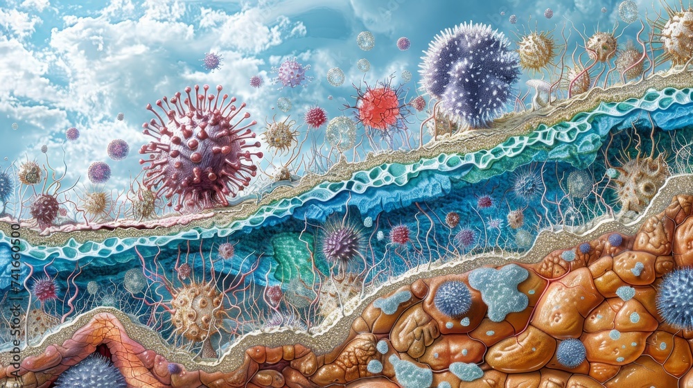 This detailed illustration showcases a variety of colorful microbes ...