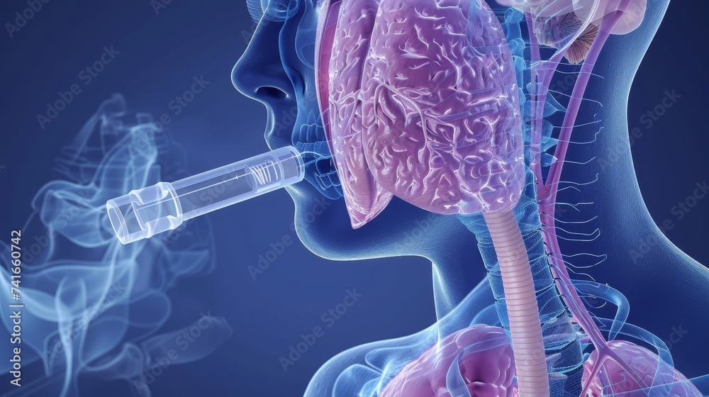 A medical illustration showing endotracheal intubation in a transparent ...