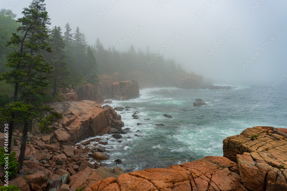 Thunder Hole, Acadia National Park, Maine. Foggy, rainy natural rock ...