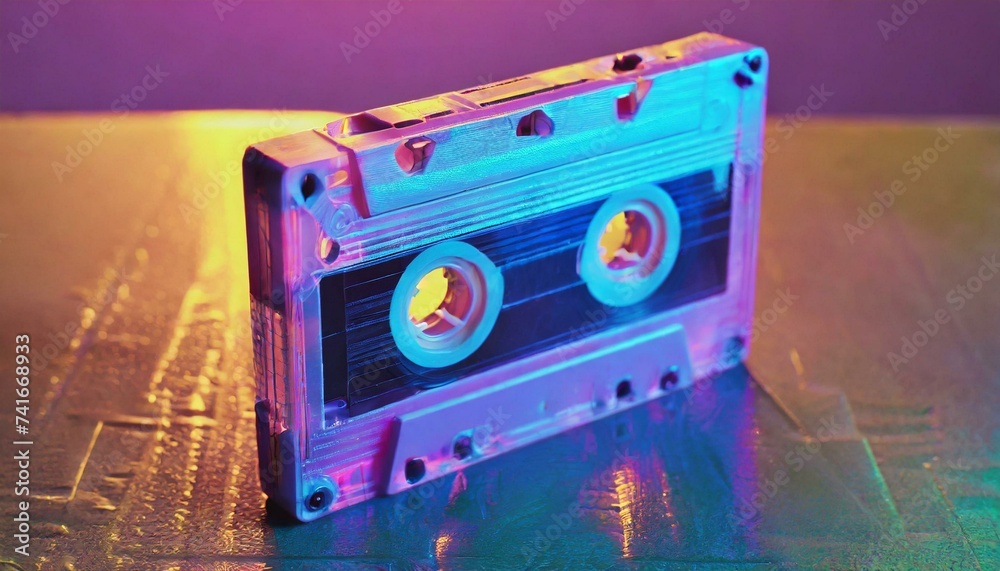 Neon cassette. Nostalgia of the 90s. Audio cassette for listening to ...