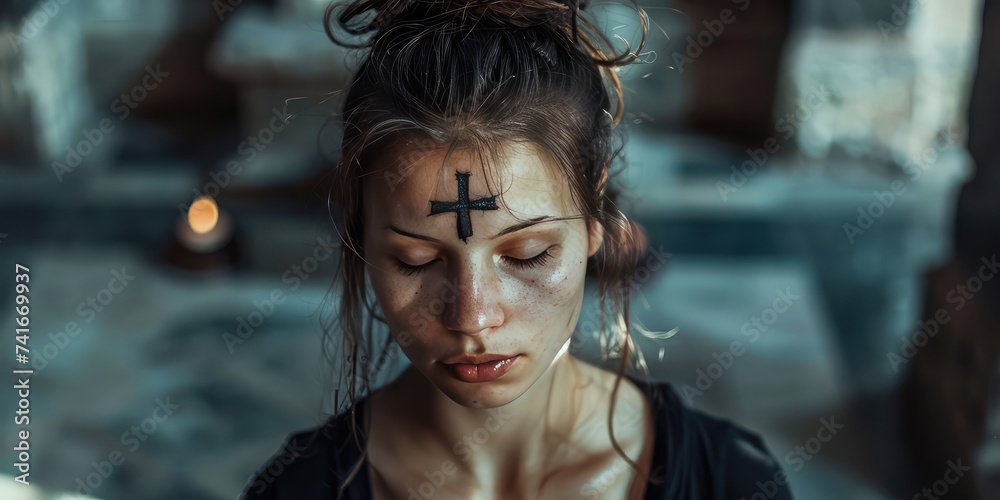 Young Woman with Ashen Cross, copy space, portrait. Close-up of a ...