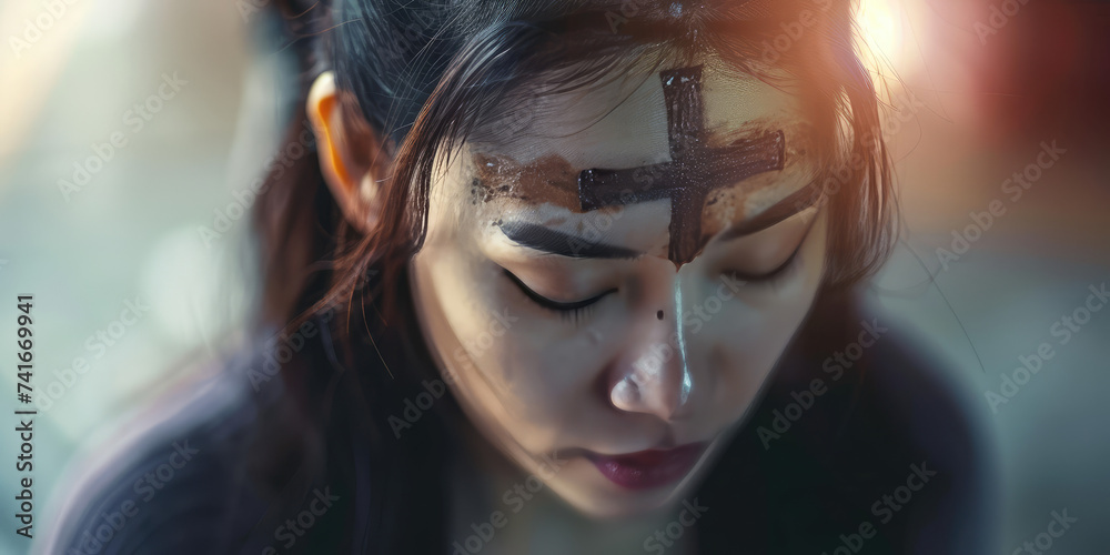 Young Woman with Ashen Cross, copy space, portrait. Close-up of a ...
