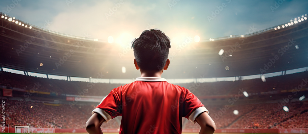 back view of football player kid on soccer stadium wearing red ...