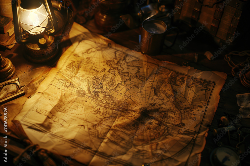 Old map with an oil lamp. A scenery for an adventurous quest ...