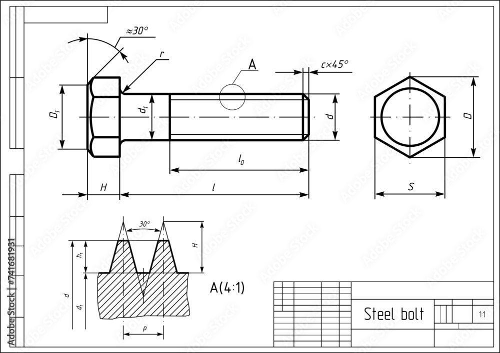 Vector engineering cad drawing of a mechanical part (steel bolt) with ...