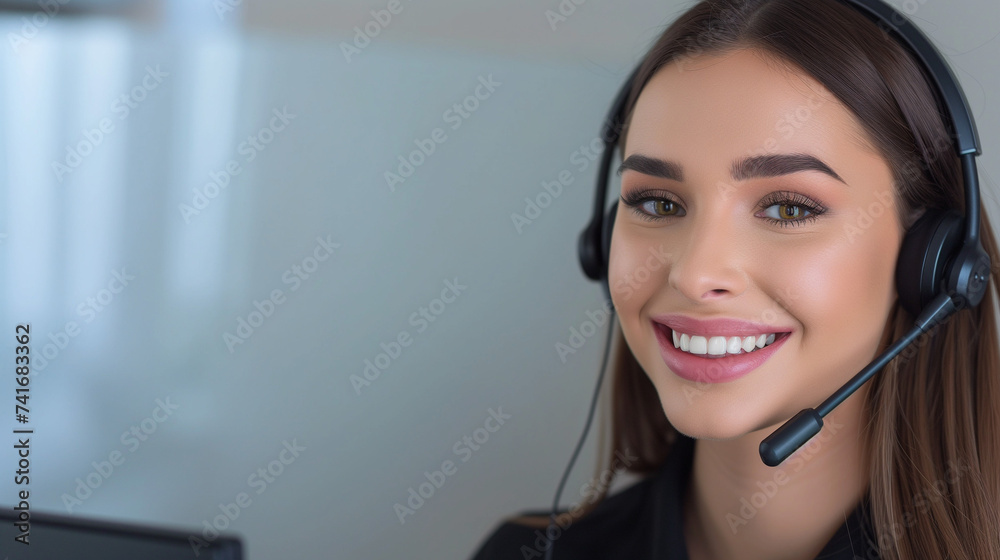 Call center, young woman and smile in contact us with CRM, headset with ...