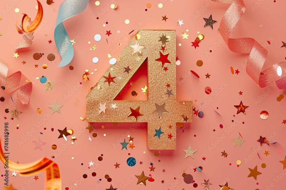 4 Anniversary birthday celebration festive background. Golden number 4 ...