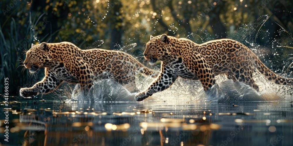 Leopards in Action, Running Across Water in the Jungle, Capturing the ...