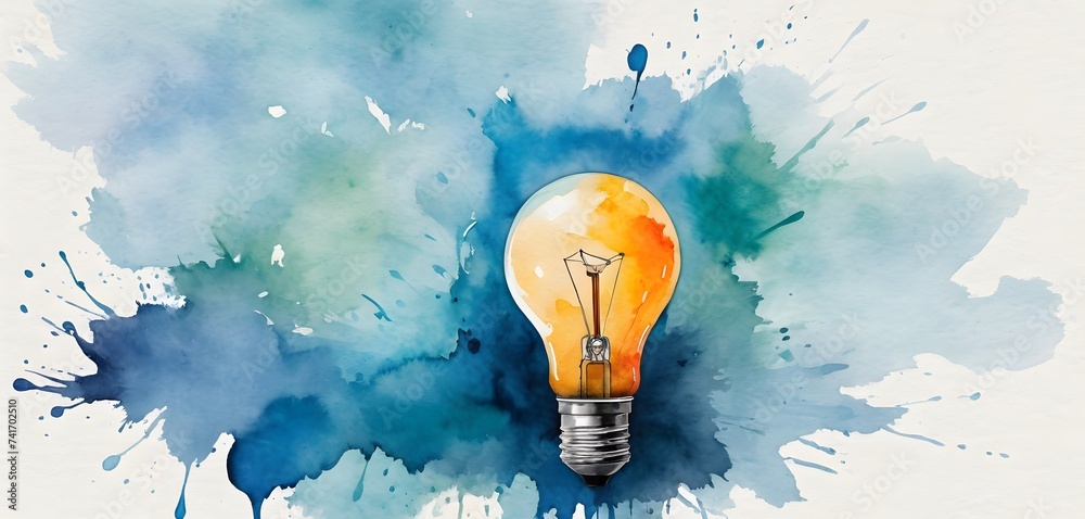 A bulb rests atop an electric blue watercolor illustration, casting ...