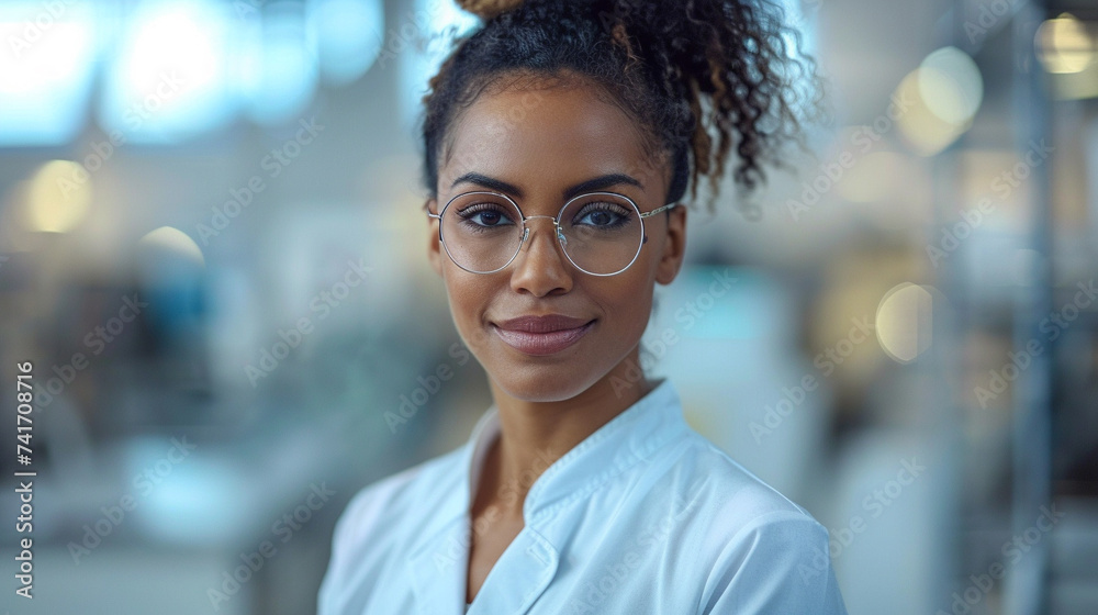Inspirational female factory manager in cleanroom attire leading with a ...